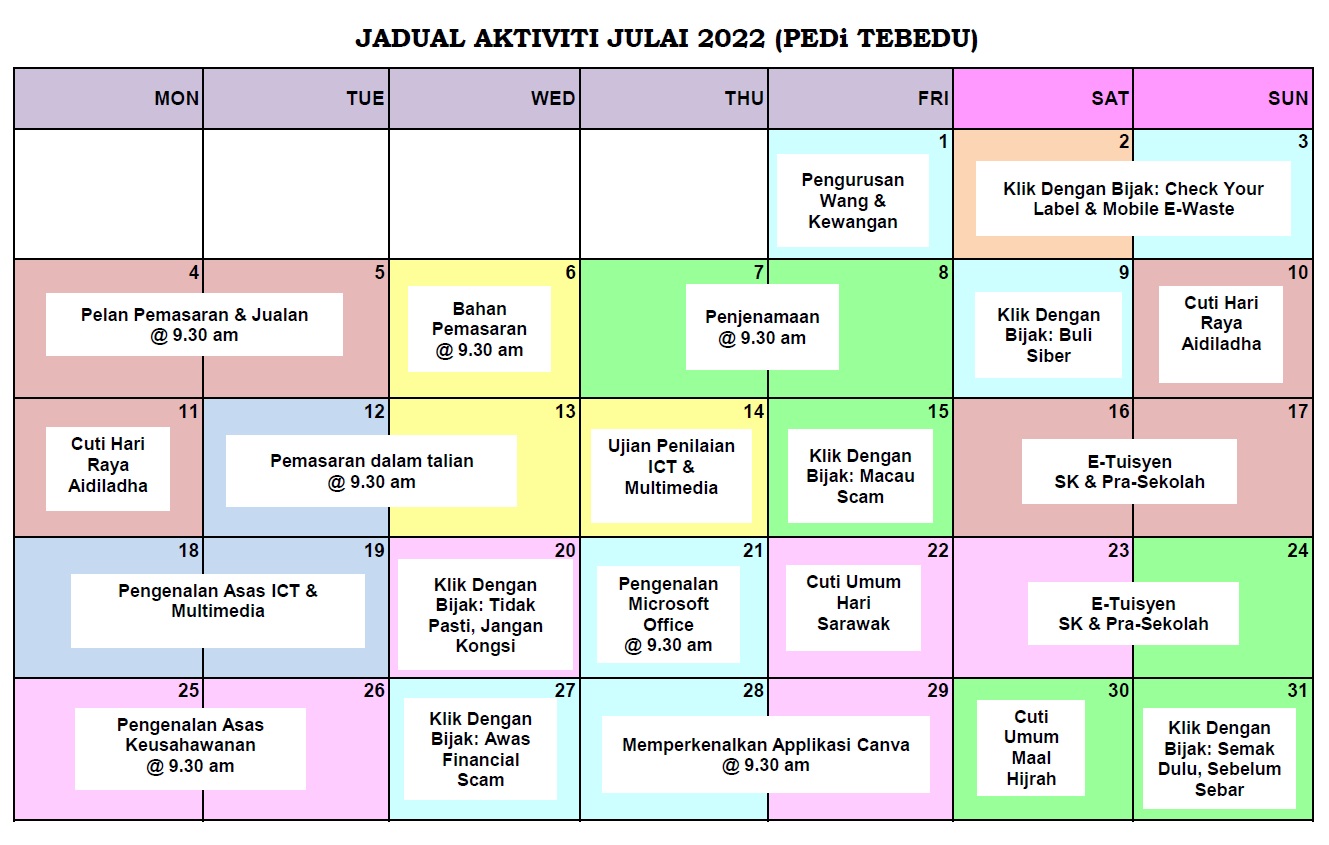 Jadual Aktiviti Bulan Julai 2022 – NADI Tebedu